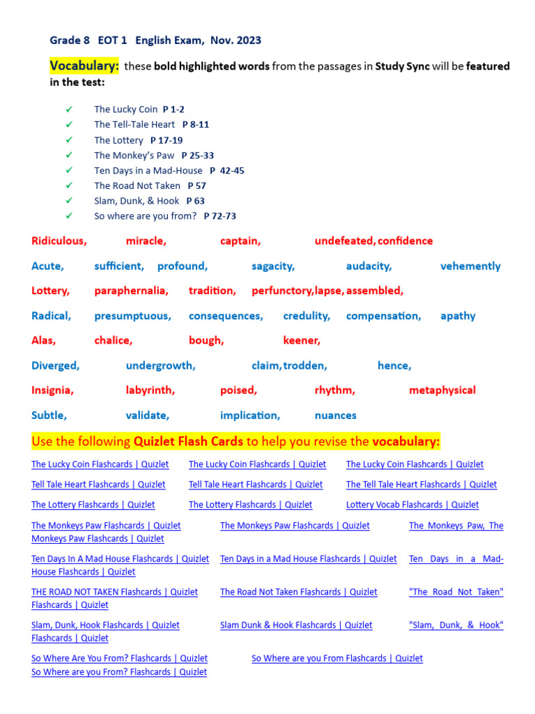 G8 EOT1 Quizlet Vocabulary Nov 2023 | PDF