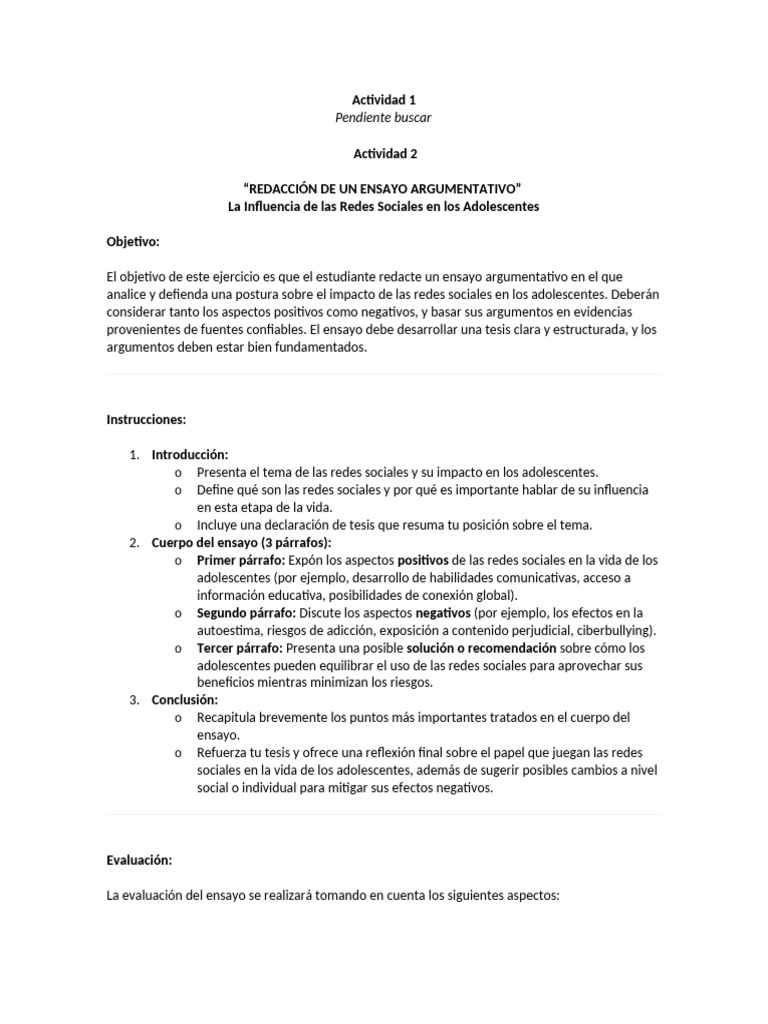 Ensayo: Redes Sociales y Adolescentes | PDF | Ensayos | Narración