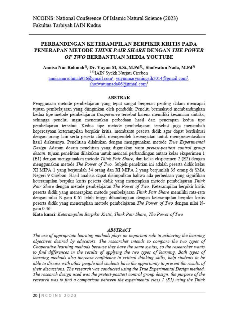 Perbandingan Keterampilan Berpikir Kritis Pada Penerapan Metode Dengan ...