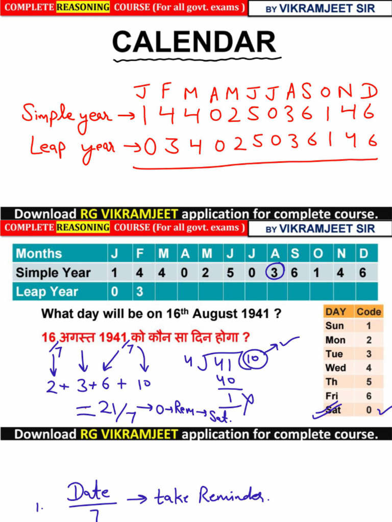 044) (Reasoning) (Calendar) Calendar (Class Notes) | PDF