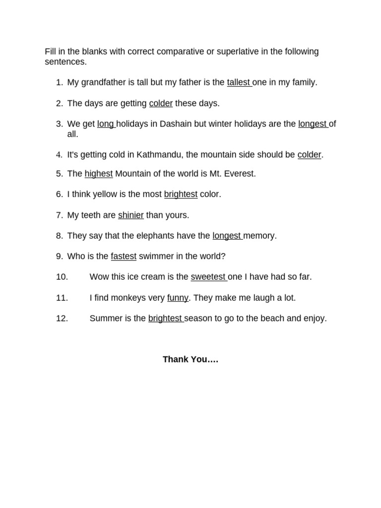 Comparative and Superlative Fill in The Blanks | PDF