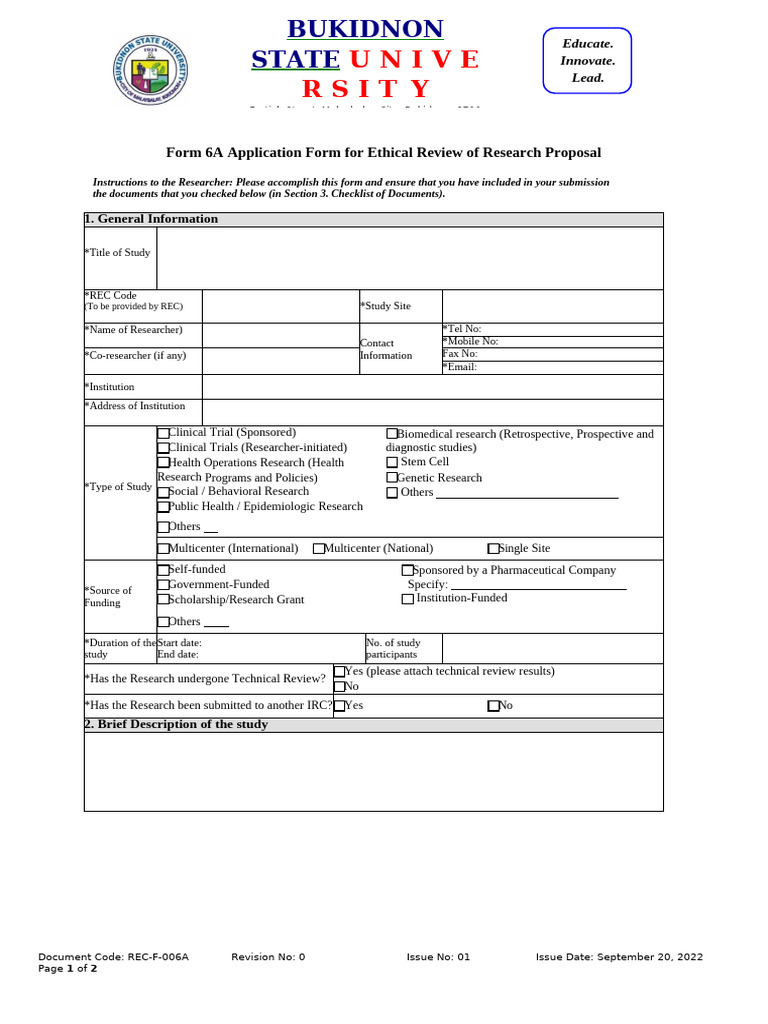 Rec-F-06a.application Form For Ethical Review | PDF | Clinical Trial ...