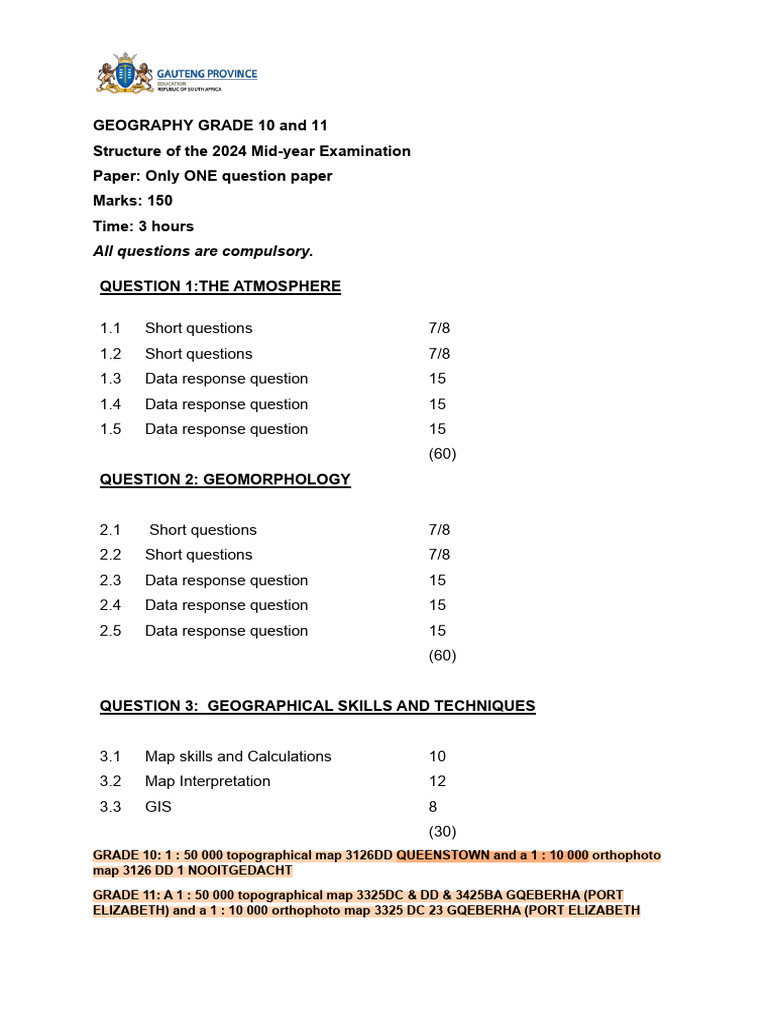 Grade 10 Geography Exam Structure 2024 | PDF