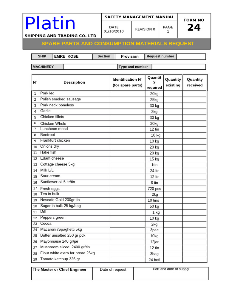 Spare Parts and Consumables Request Form | PDF | Food And Drink ...