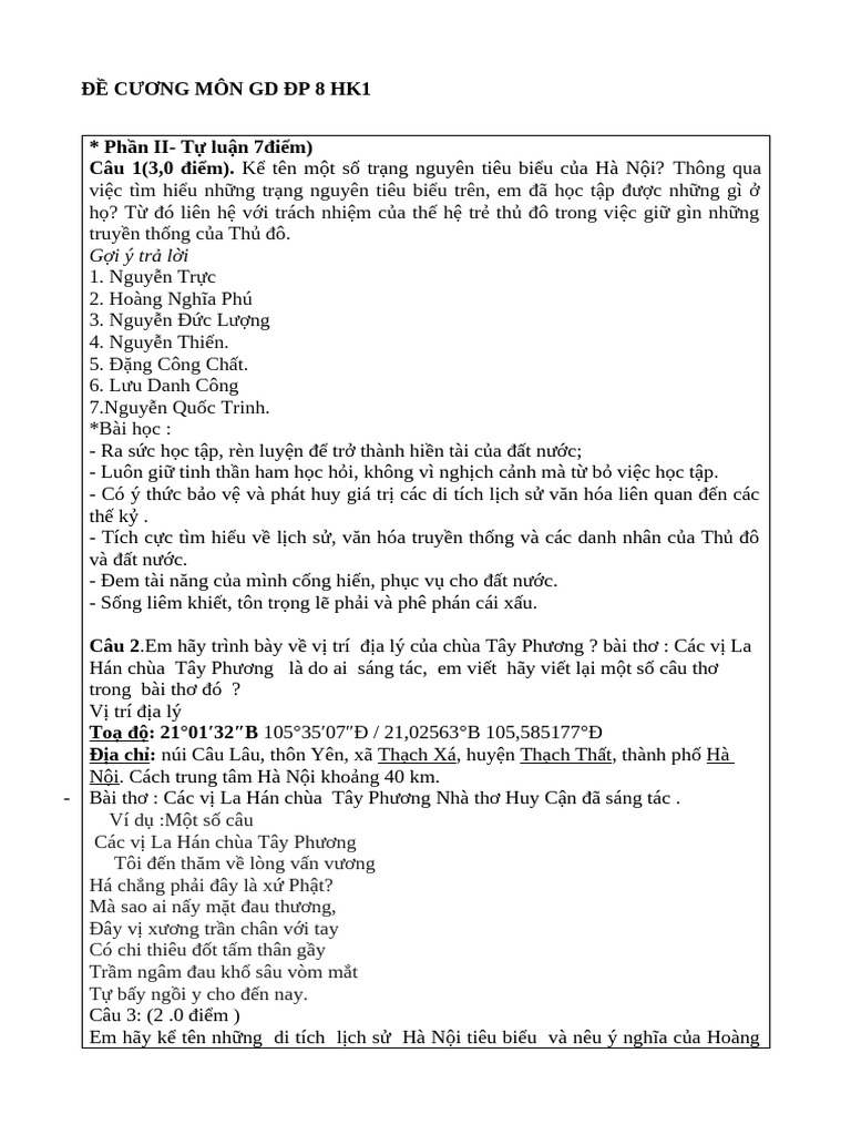 ĐỀ CƯƠNG KT GD ĐP 8 CK1 (24-25) | PDF