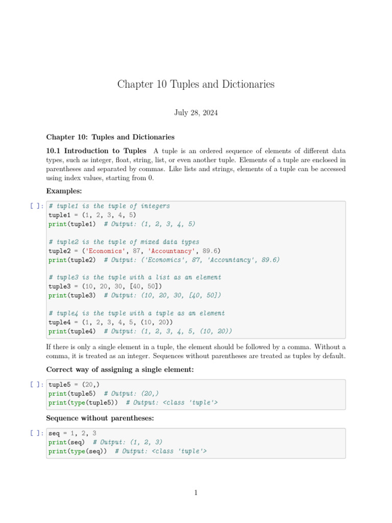 Chapter 10 Tuples and Dictionaries | PDF | Sequence | Bracket
