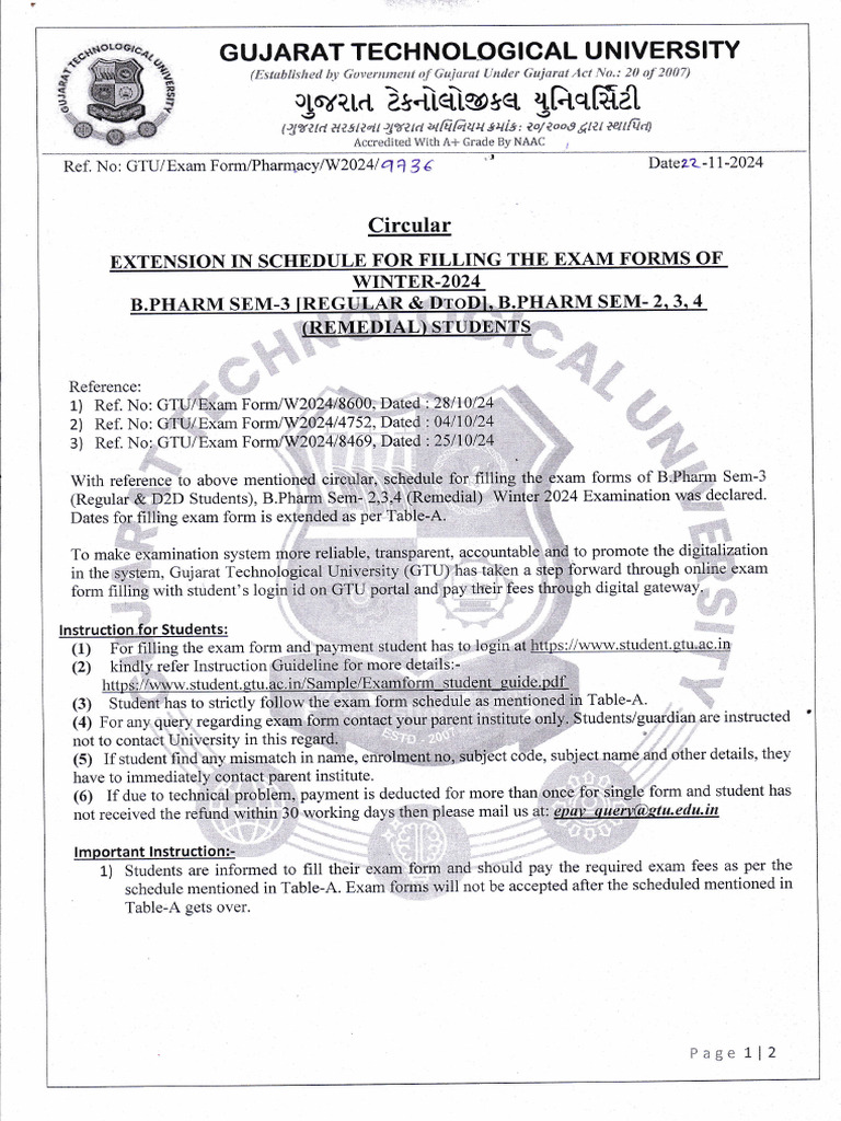 GTU Winter 2024 B.Pharm Exam Form Update | PDF