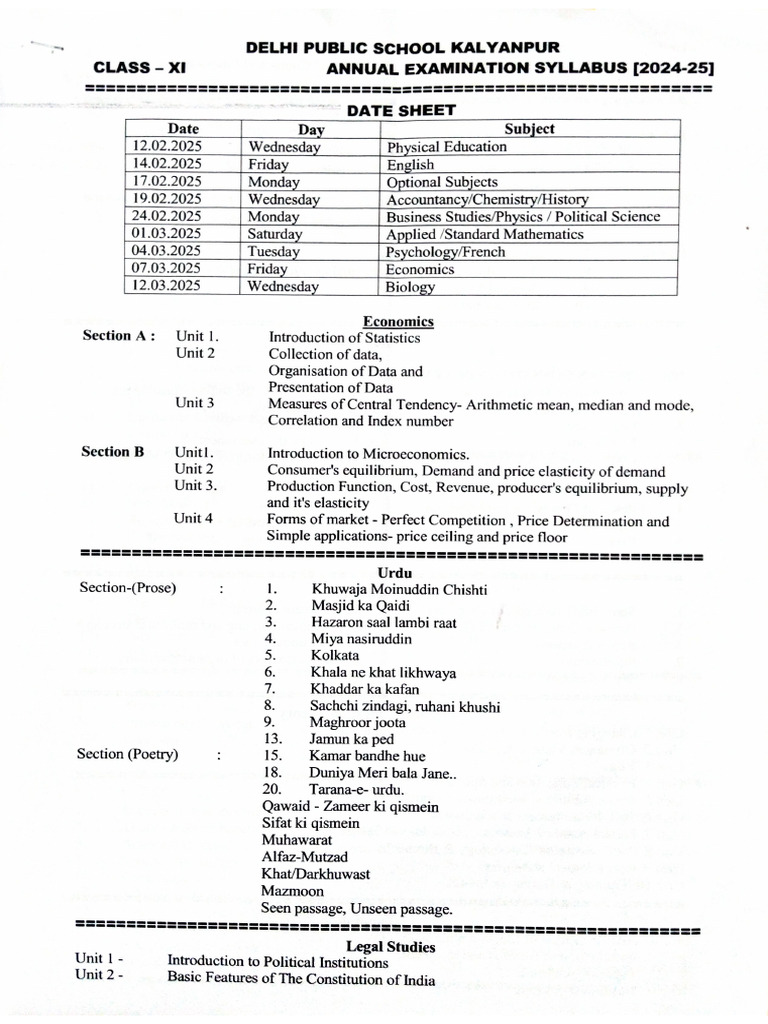 Class XI Annual Examination Syllabus 2024-25 | PDF