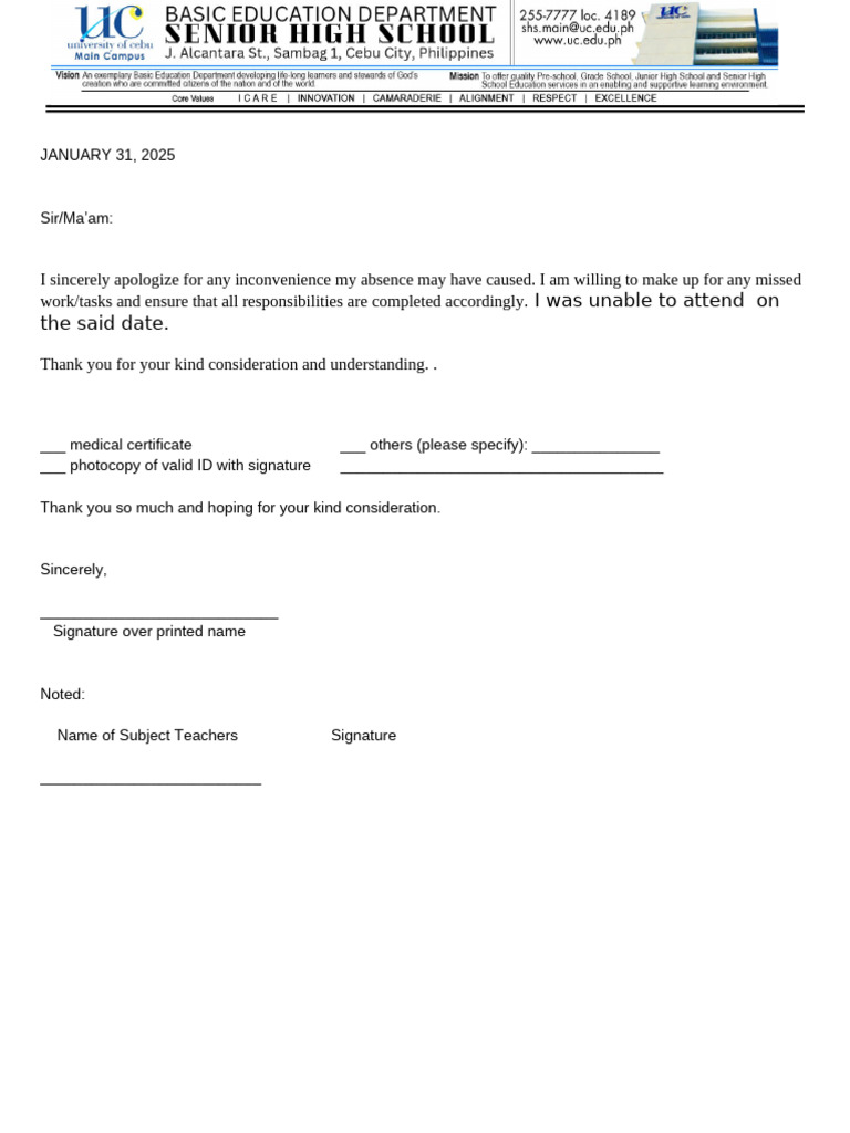 Excuse Letter Layout 2 | PDF