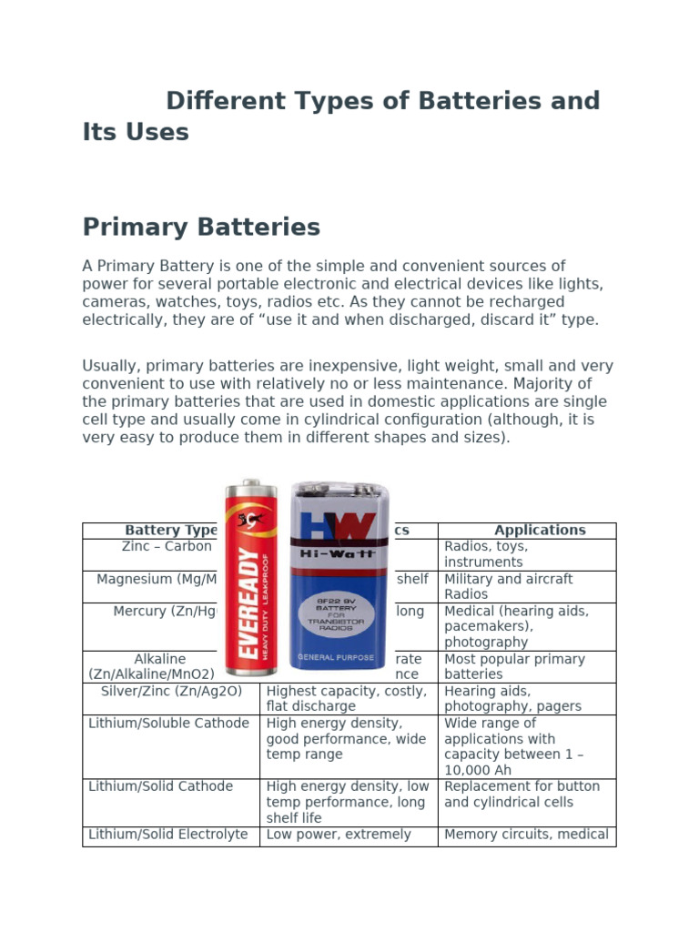 Types of Batteries and Their Uses | PDF | Rechargeable Battery ...