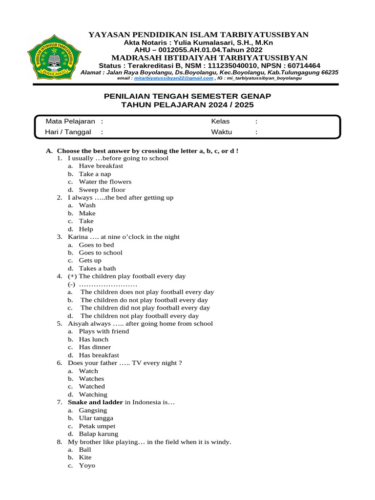 SOAL PTS GENAP BAHASA INGGRIS KELAS 4 | PDF