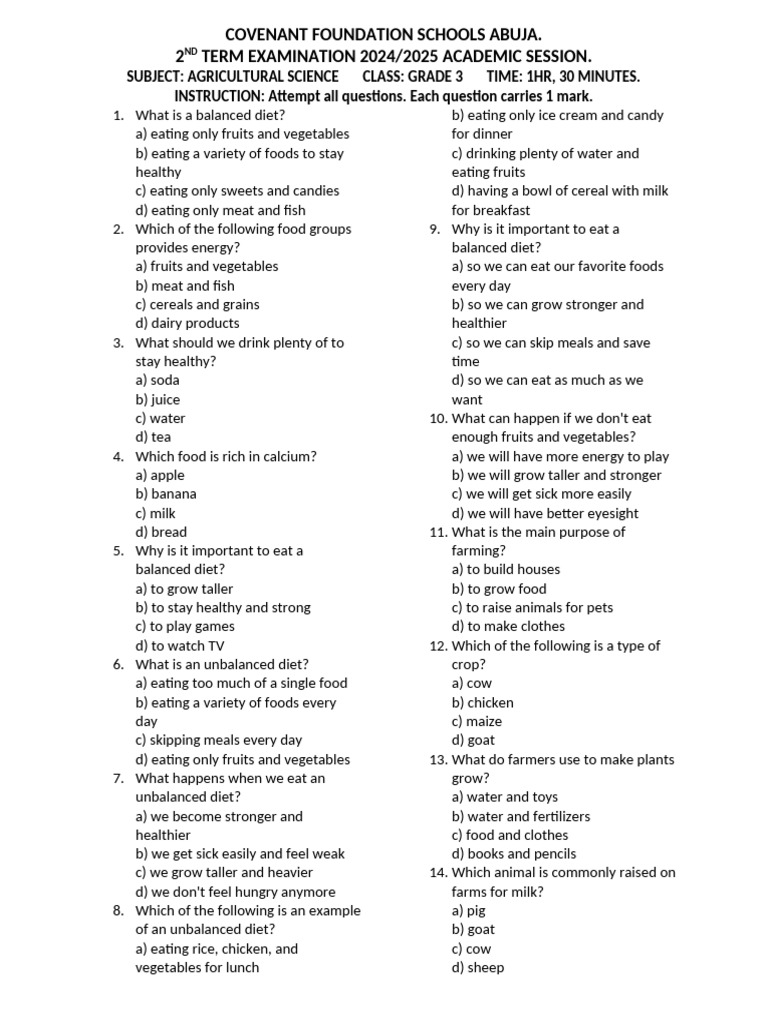 Grade 3 Agricultural Science Exam 2024 | PDF | Cereals | Crops