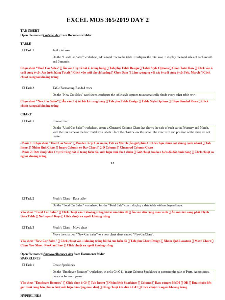 Các bước làm Excel Day 2 | PDF