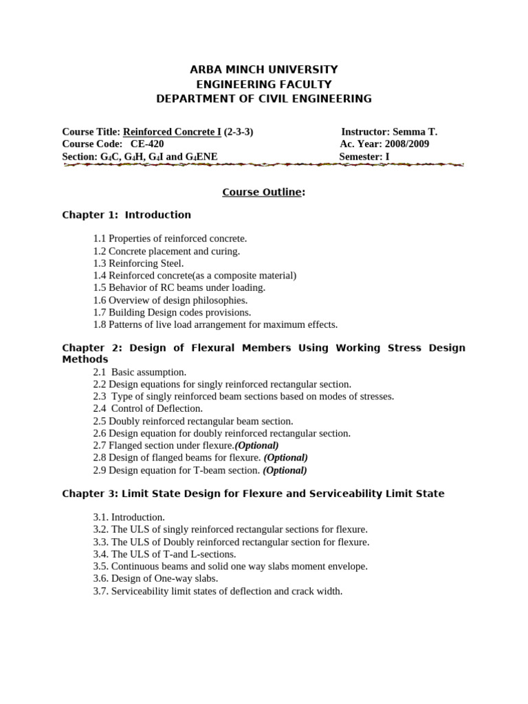 Reinforced Concrete I Course Outline | PDF | Bending | Beam (Structure)