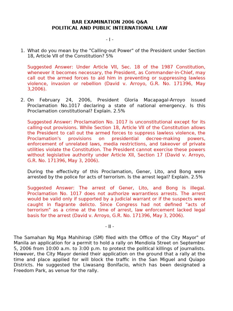 Political Law 2006 Bar QnA | PDF | Sovereignty | Sovereign State