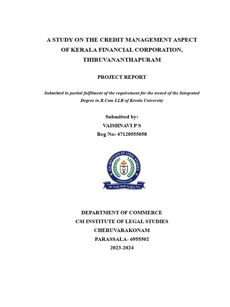 A STUDY ON THE CREDIT MANAGEMENT ASPECT OF KERALA FINANCIAL CORPORATION ...