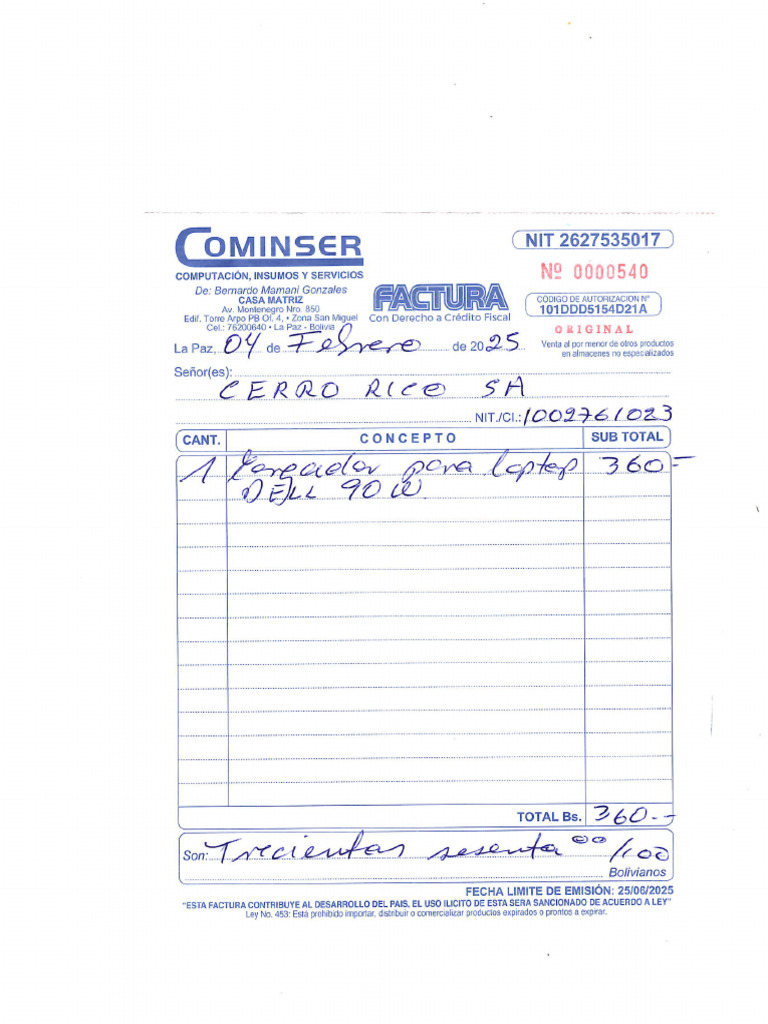 Factura Cargador Dell COMINSER | PDF