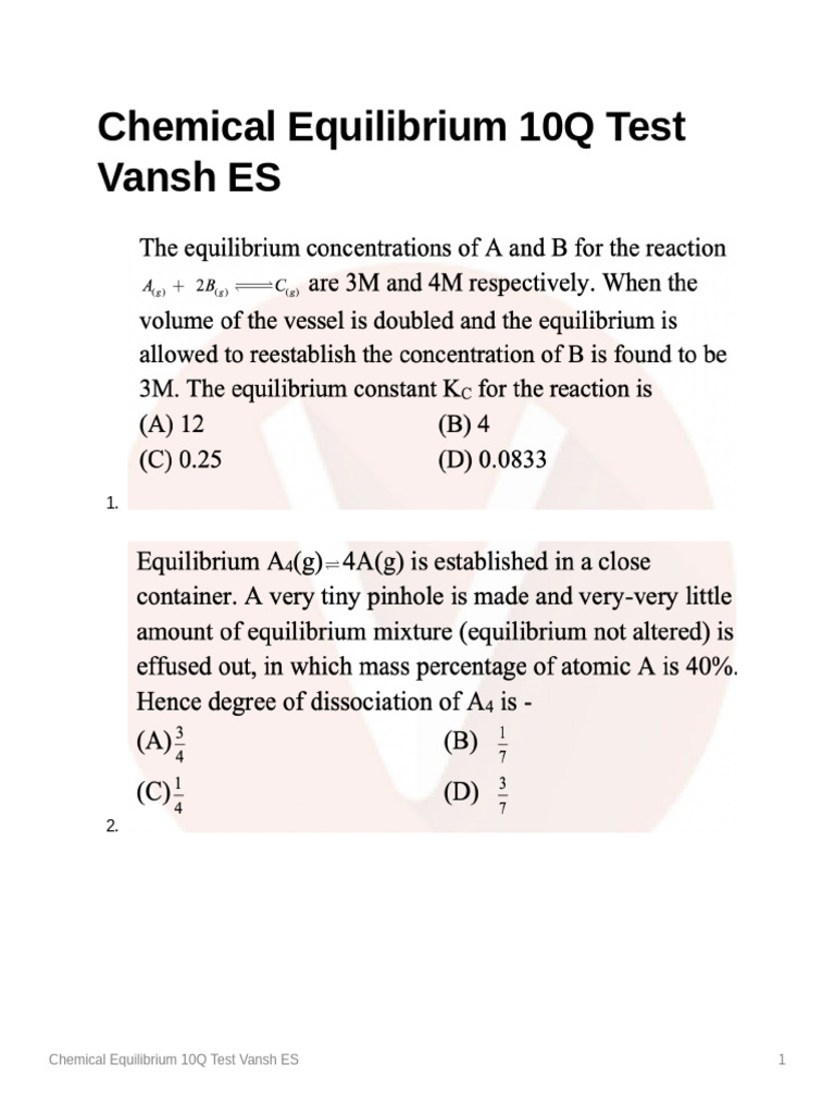 Chemical Equilibrium 10Q Test Vansh ES | PDF