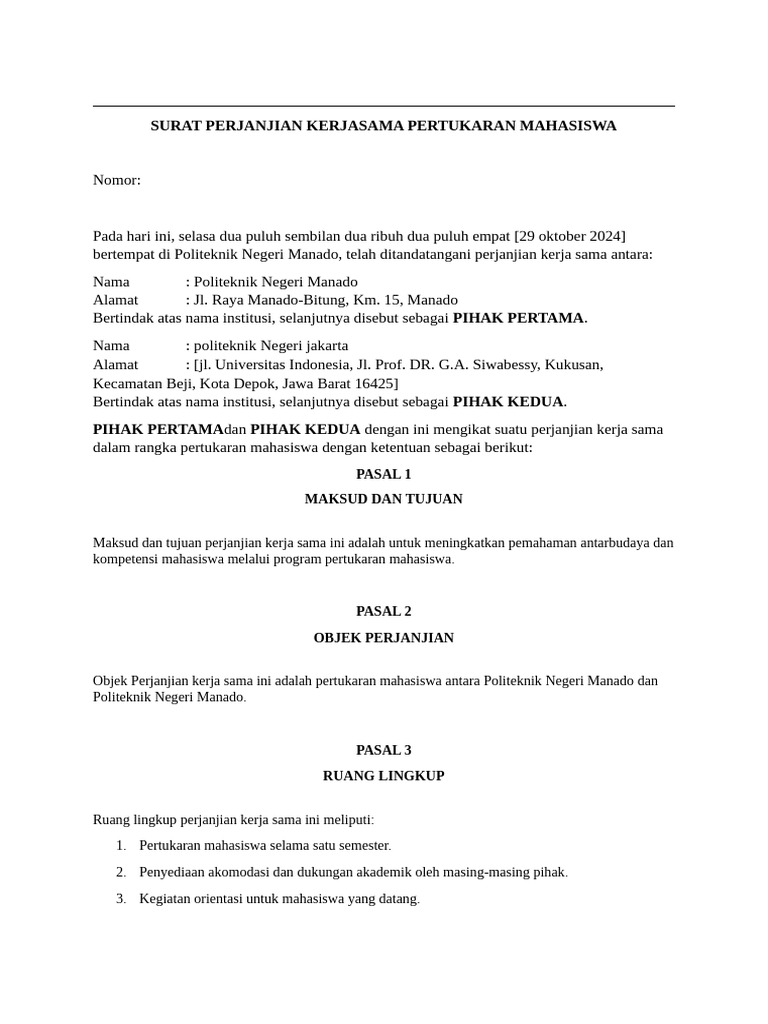 Perjanjian Kerjasama Pertukaran Mahasiswa | PDF