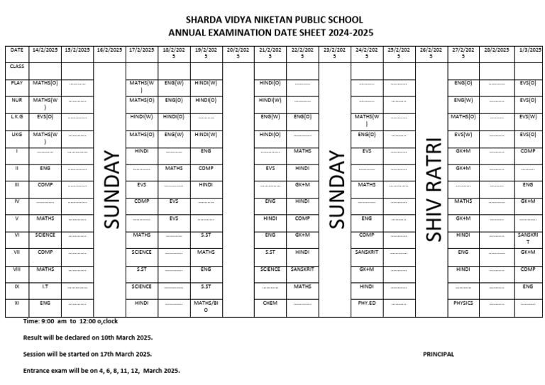 Sharda Vidya Niketan Exam Date Sheet 2025 | PDF