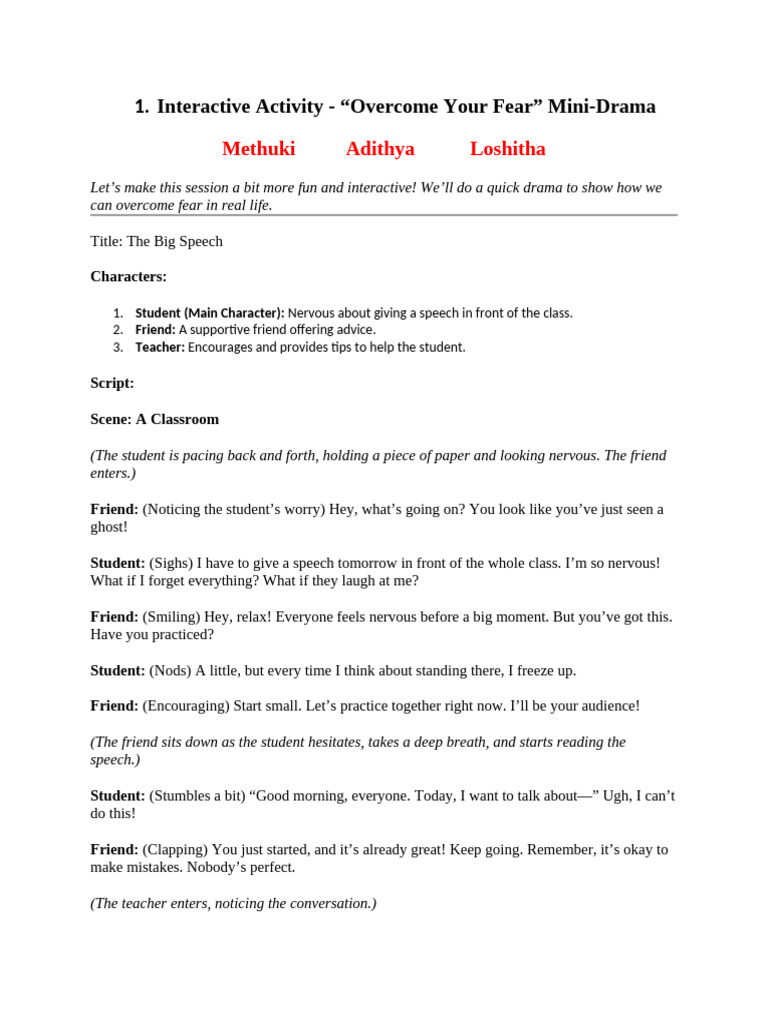 Interactive Activity - "Overcome Your Fear" Mini-Drama: Methuki Adithya ...