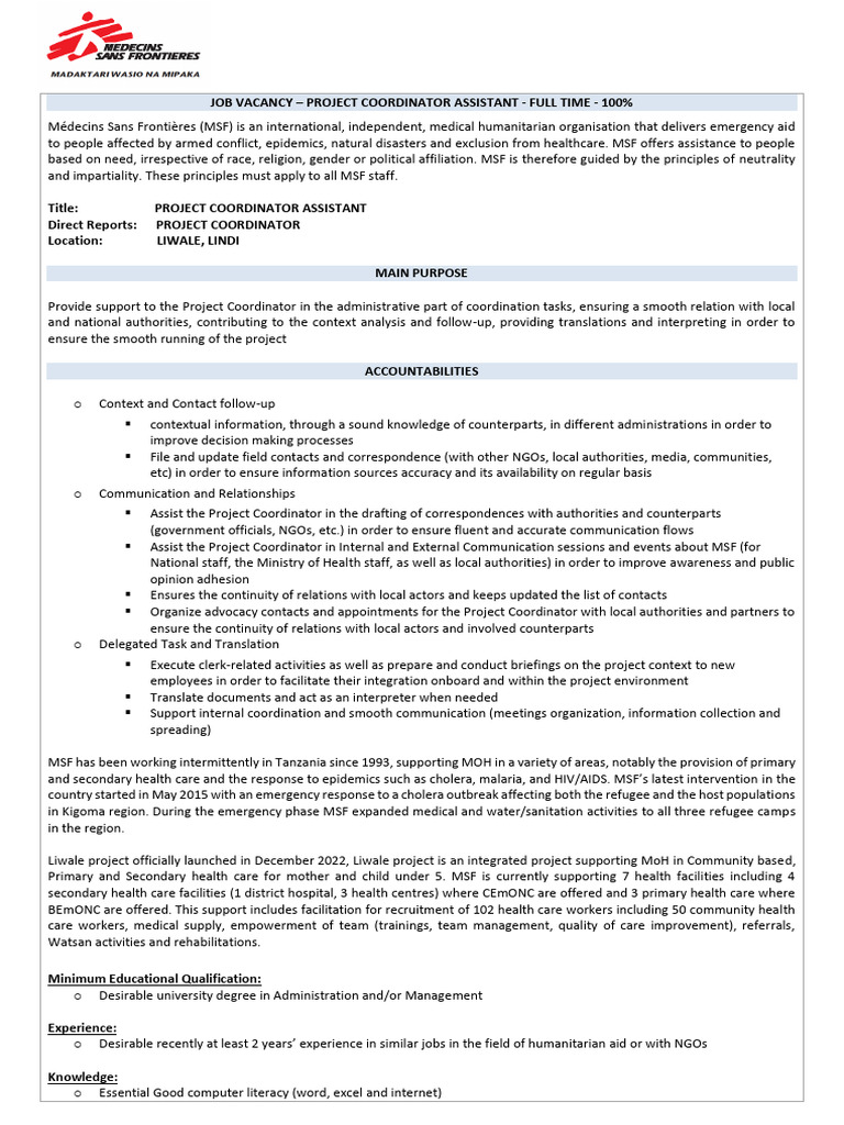 MSF Project Coordinator Assistant Role | PDF | Médecins Sans Frontières