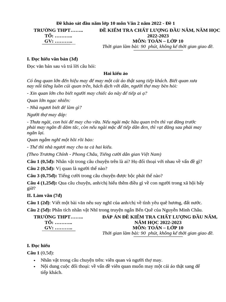 De Thi Khao Sat Chat Luong Dau Nam Mon Ngu Van Lop 10 2 de | PDF