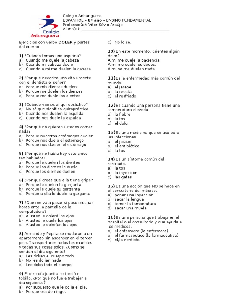 8º Ano 1º BIM Atividade Verbo Doler e Saude | PDF | Resfriado comun ...