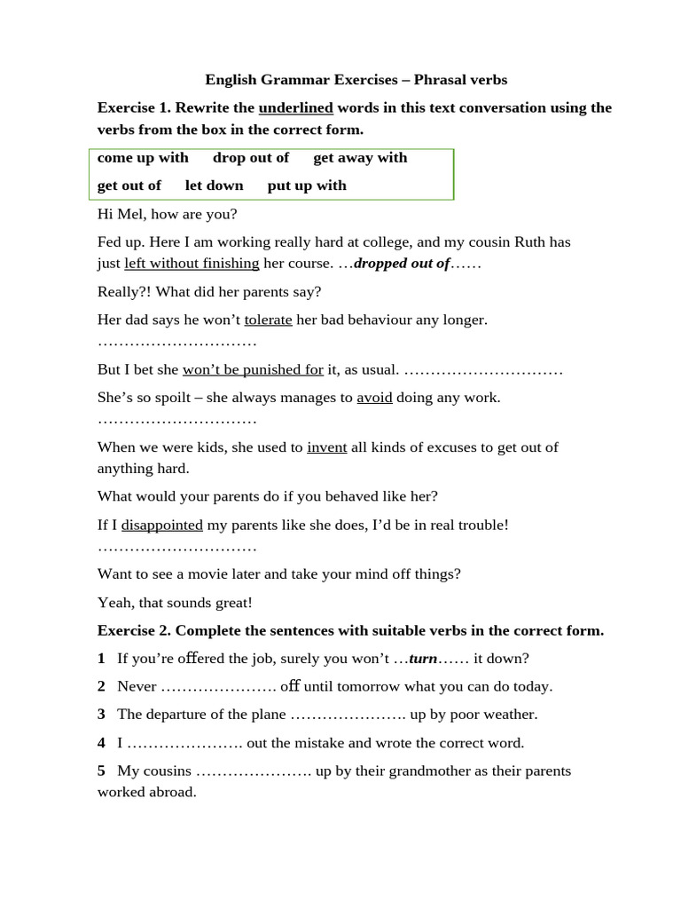 Exercises Phrasal Verb (1) | PDF | Grammar