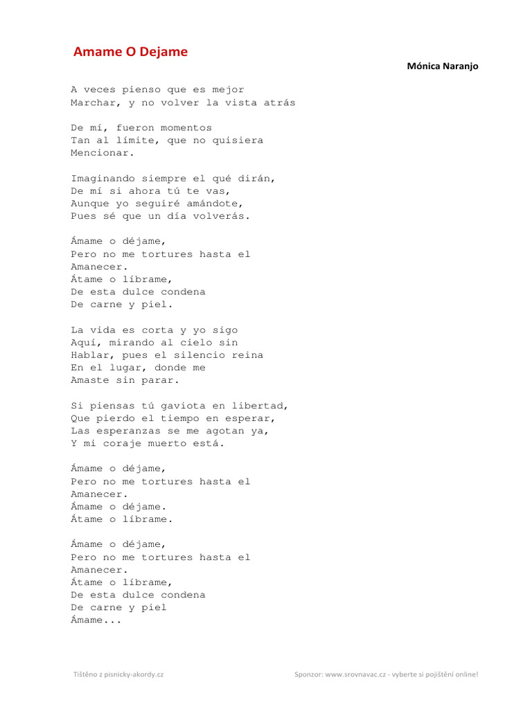 Ámame o Déjame: Letra de la Canción | PDF