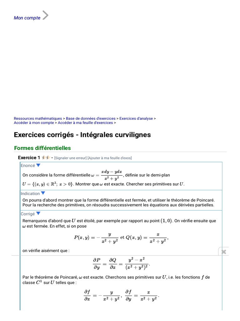 Exercices corrigés : Intégrales curvilignes | PDF | Intégral | Forme ...