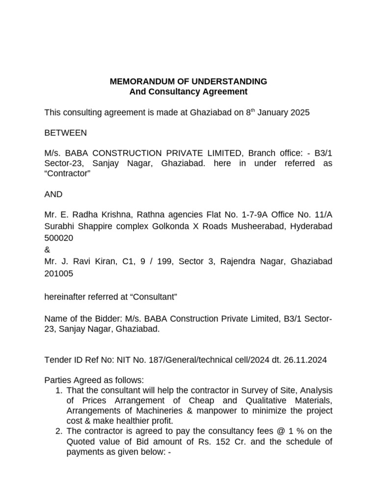 MOU and Consultancy Agreement for Construction | PDF