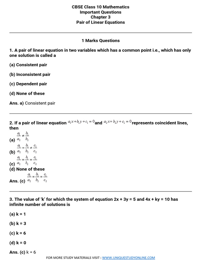 Class 10 Linear Equations Extra Qs | PDF | Equations | System Of Linear ...
