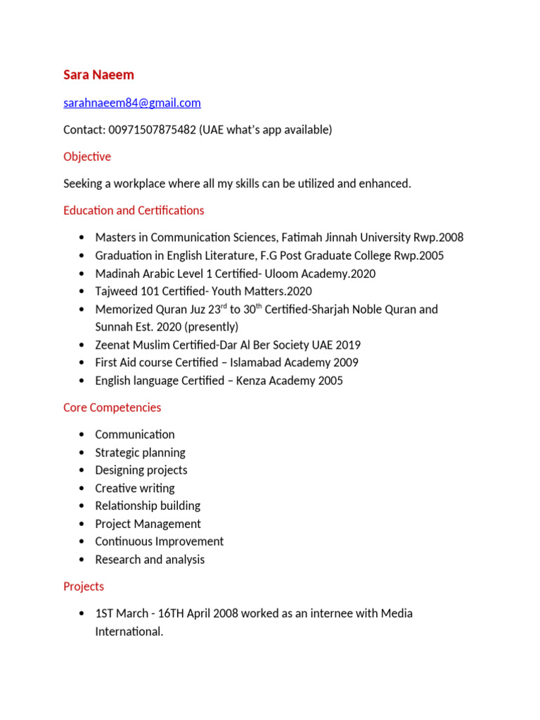 Sarah Naeem CV | PDF