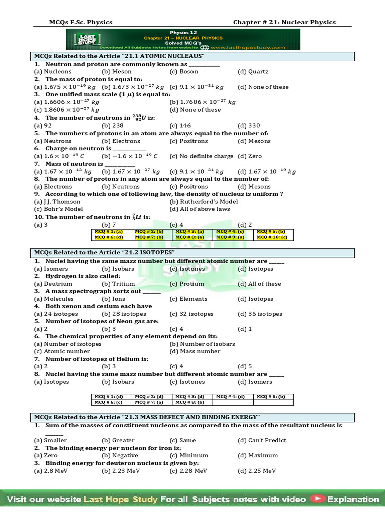 2nd Year Physics Chapter 21 Nuclear Physics MCQs Last Hope Study | PDF | Hadron | Nuclear Fission