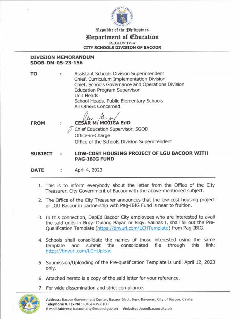 SDOB DM 05-23-156. Low Cost Housing Project of LGU Bacoor With PAG IBIG ...