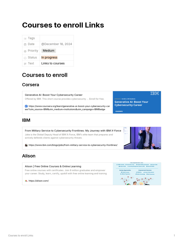 Cybersecurity & Online Courses Links | PDF