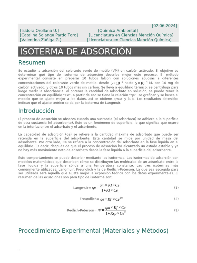 Laboratorio 6 CyE | PDF | Adsorción | Materiales