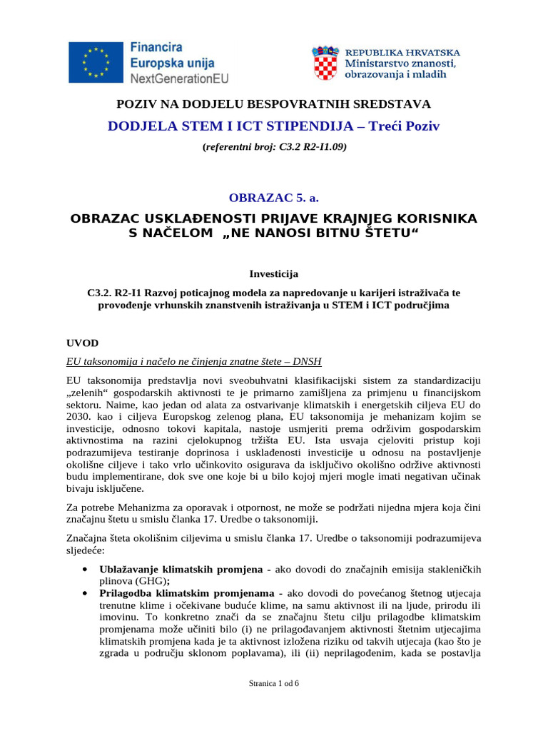 Obrazac 5a Obrazac Uskladenosti Prijave Krajnjeg Korisnika S DNSH - Stem - Studenti | PDF