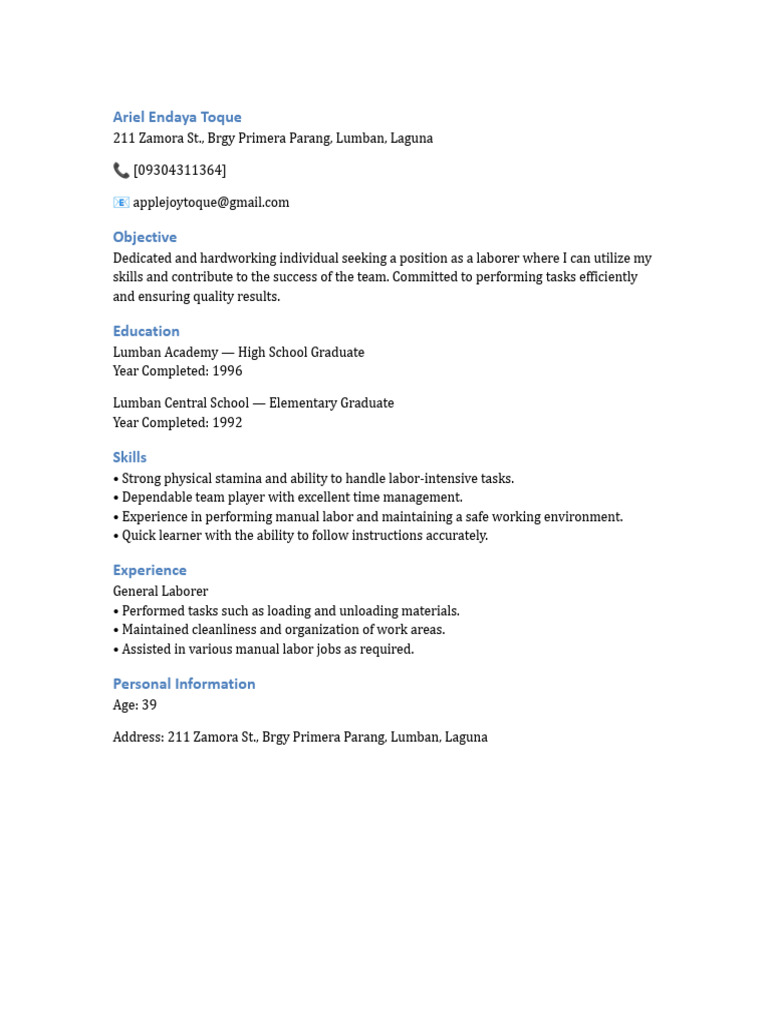 Laborer Resume of Ariel Endaya Toque | PDF