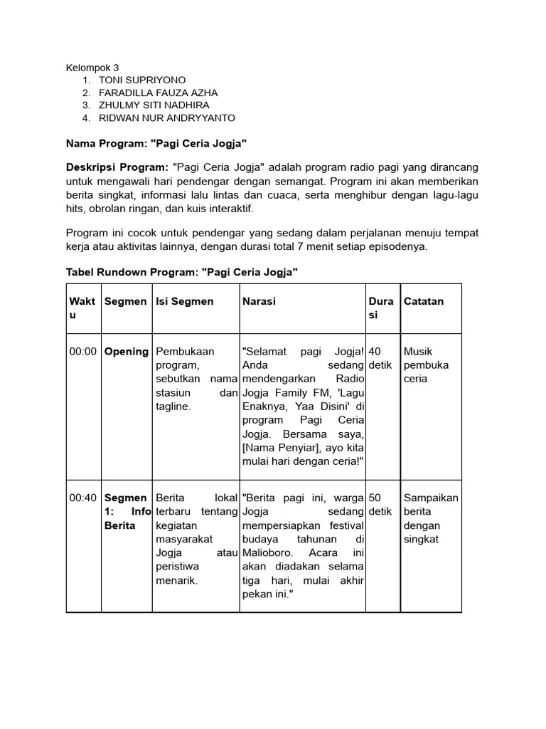 Kelompok 3 - Rundown Siaran Radio | PDF