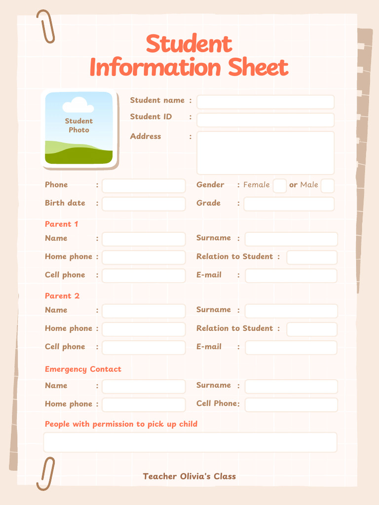 Student Information Sheet Template | PDF
