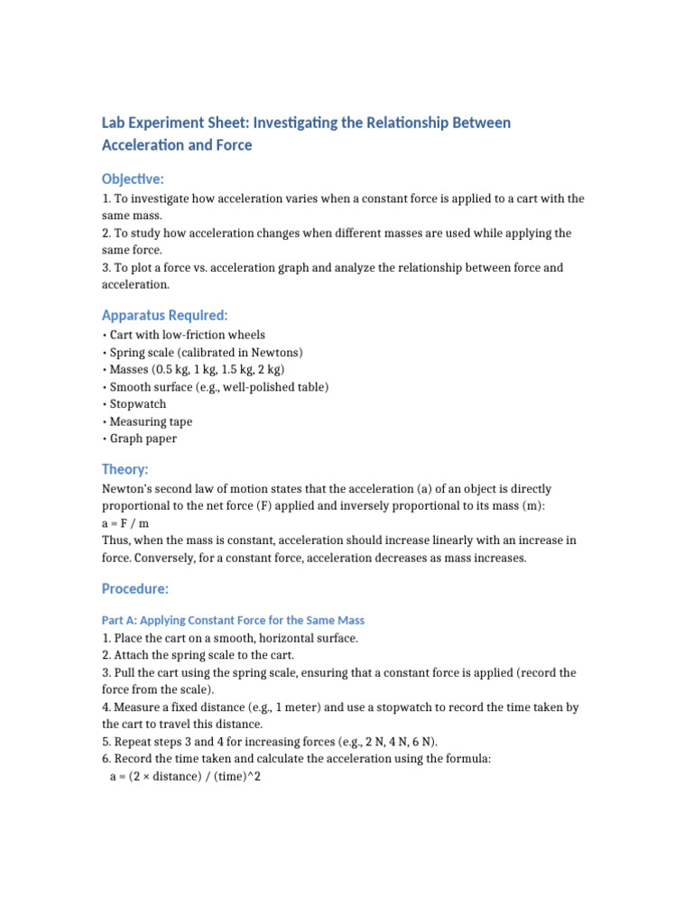 Acceleration Force Lab Experiment Sheet | PDF | Force | Mass