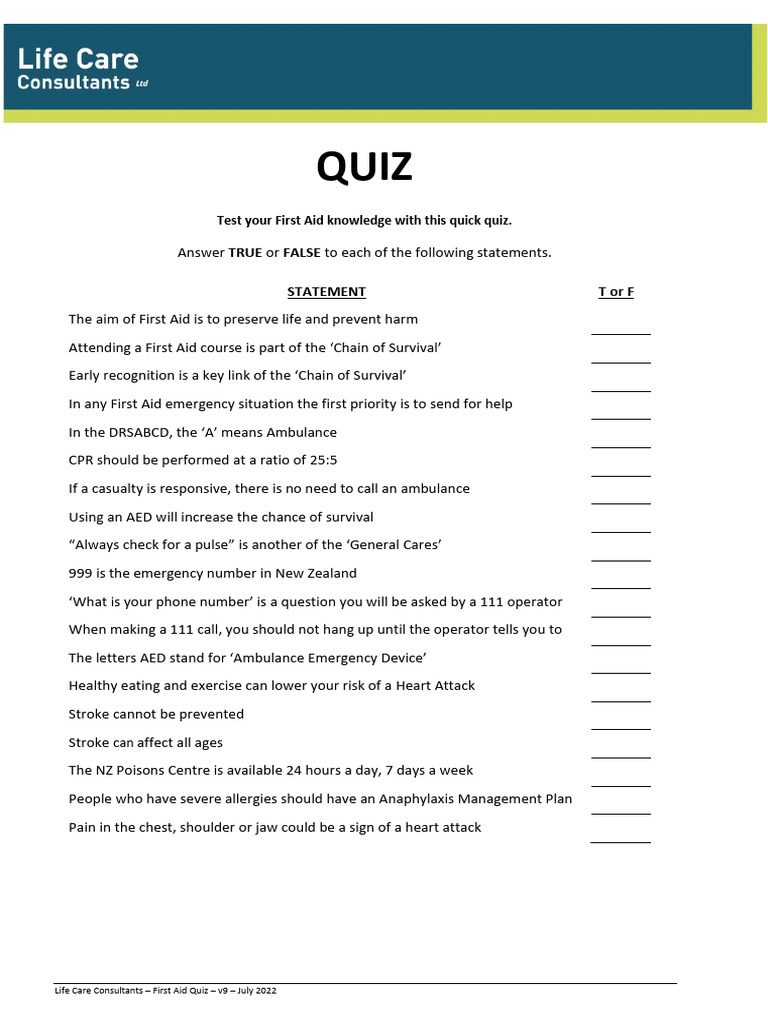 First Aid Quiz | PDF