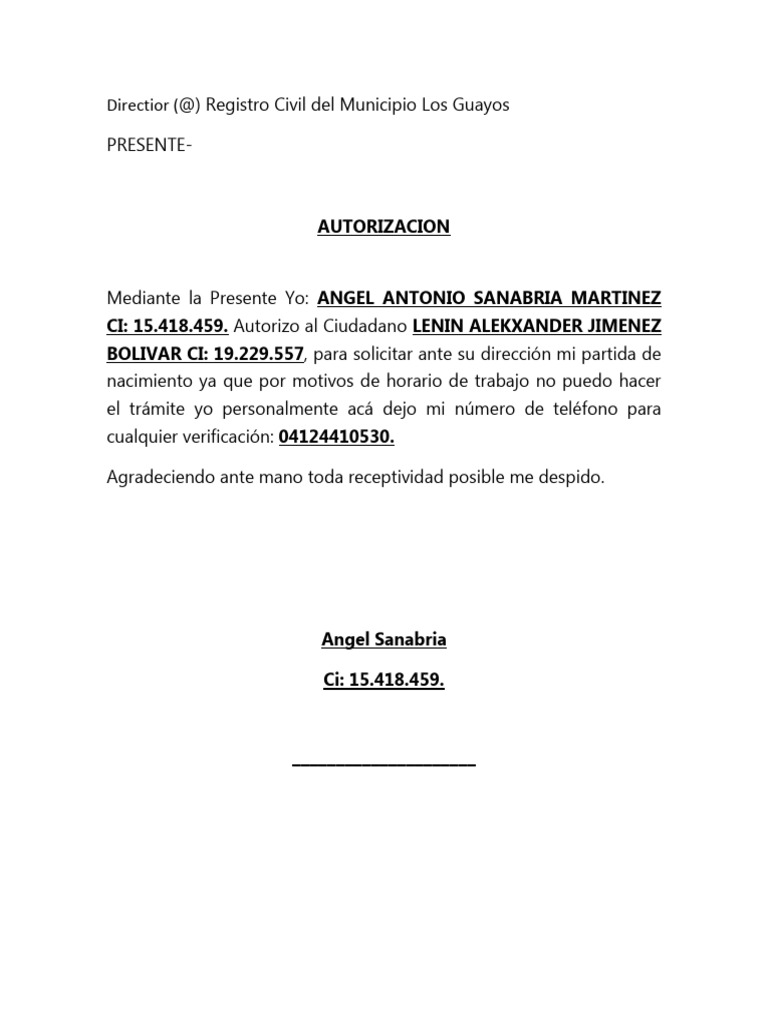 Autorizacion Registro Civil Los Guayos | PDF