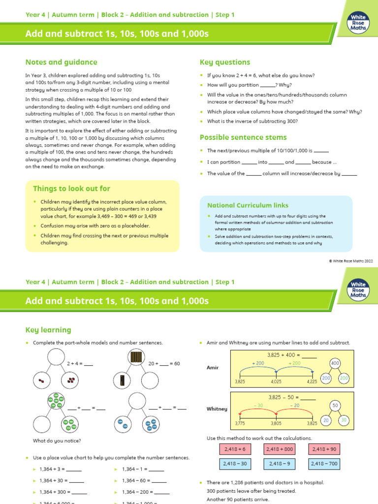 Y4 Autumn Block 2 SOL1 Add and Subtract 1s 10s 100s and 1000s | PDF | Subtraction | Cognition
