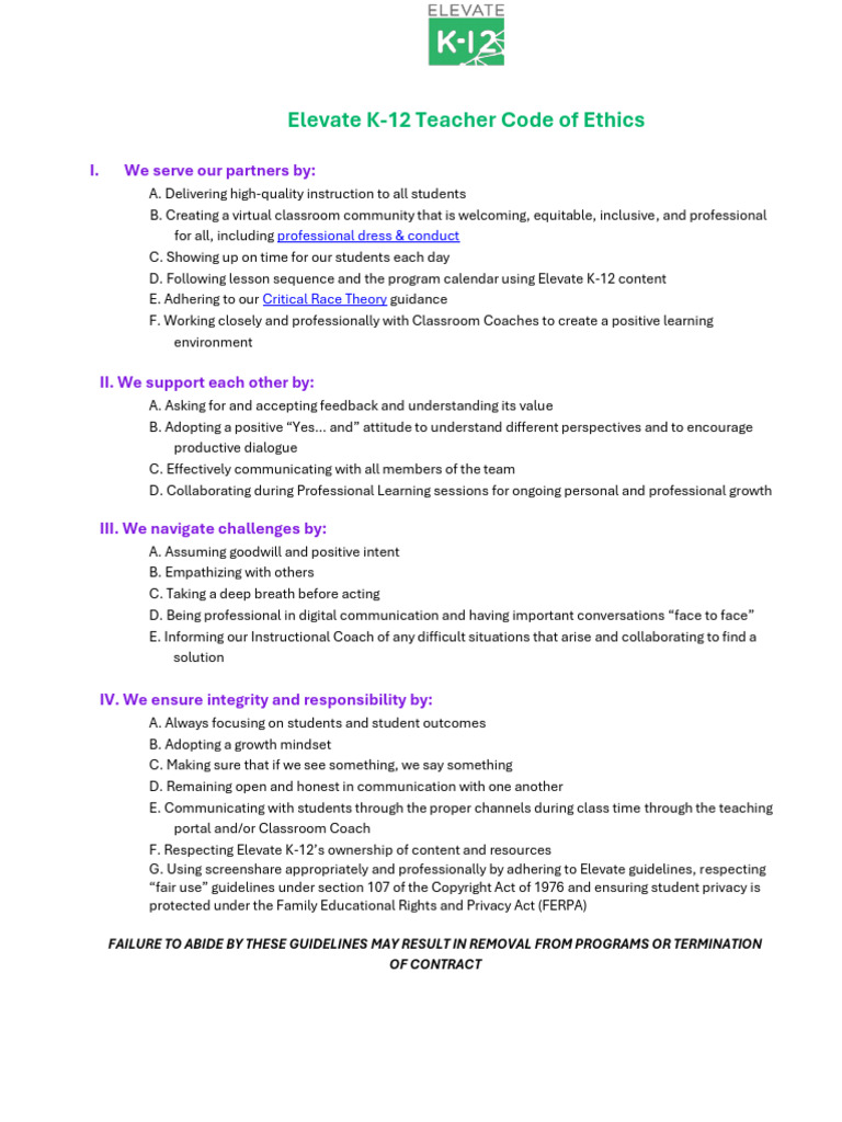 Elevate K-12 Teacher Code of Ethics | PDF | Human Communication | Learning