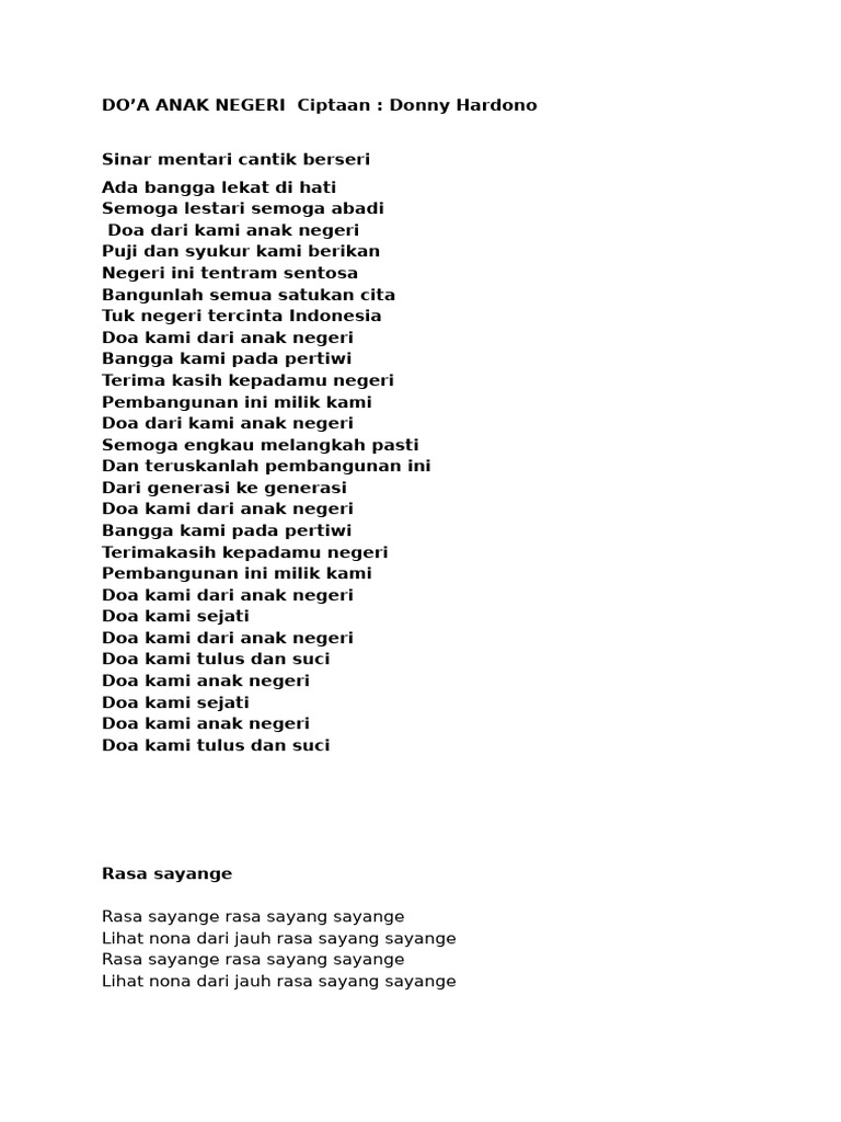 Lirik Doa Anak Negeri dan Lagu Anak | PDF