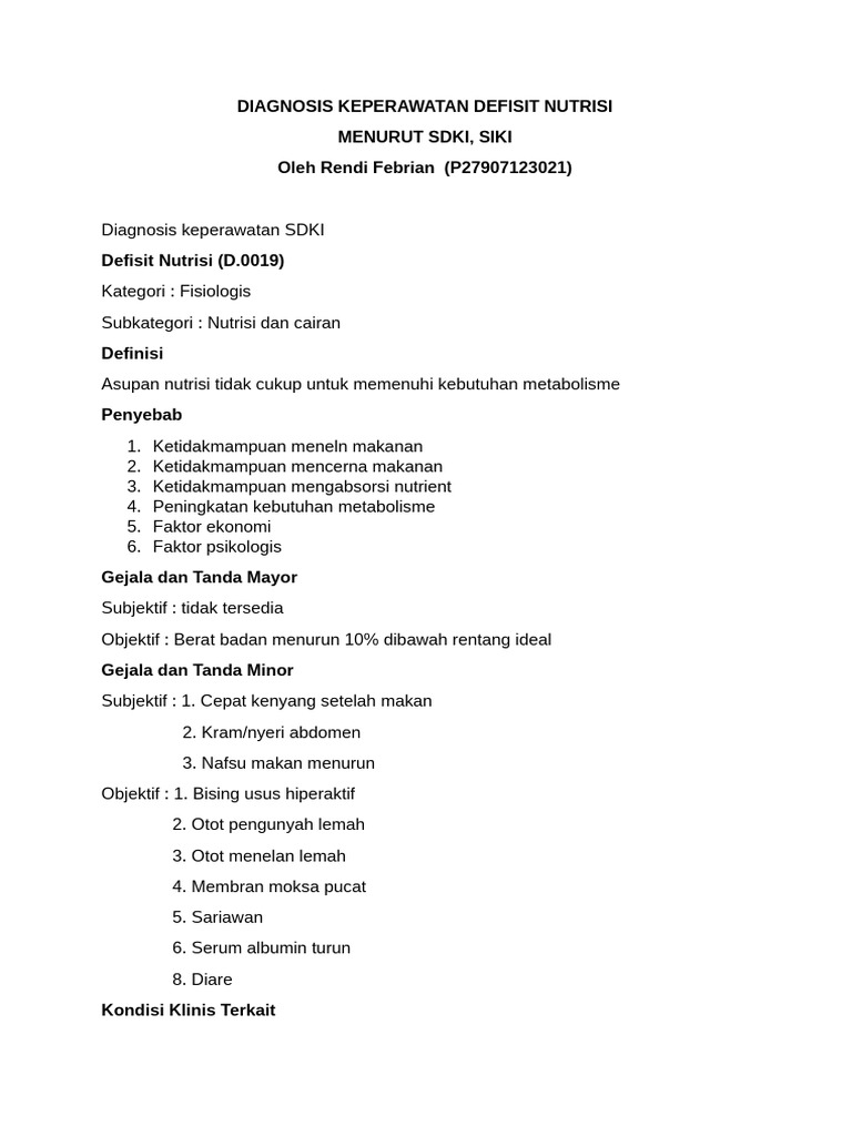 Diagnosis Defisit Nutrisi Rendy Febrian | PDF