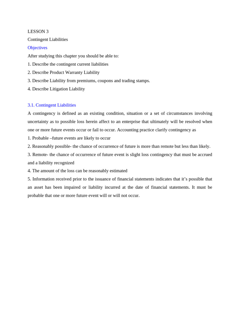 LECTURE 3 Contingent Liabilities | PDF | Expense | Lawsuit